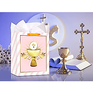 FaCraft First Communion Gift Bag for Kids Boys Girl 11" Baptism Gifts Bag with Handle Large Gift Bag with Tissue Paper for Christian Christenings Confirmations Religious Cross Gift Bags for Girl Boy