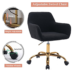 Modern Faux Fur Home Office Chair, Upholstered Swivel Chair Makeup Vanity Chair for Teen Girls Swivel Desk Chair with Gold Base, Height Adjustable Leisure Elegant Office Chair, Black