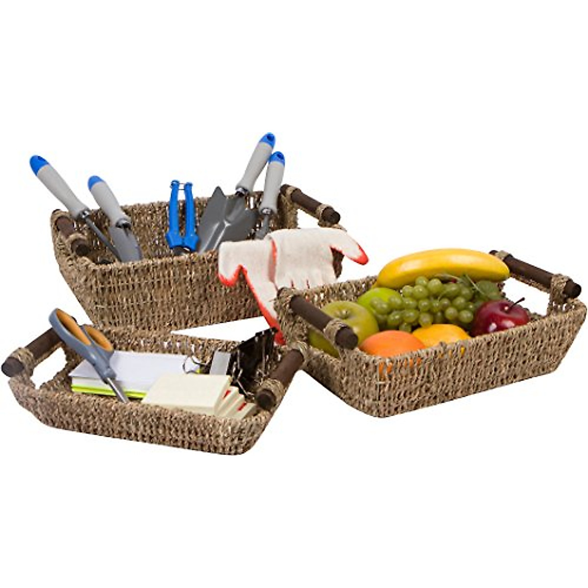 Seagrass & Wood Handled Baskets by Trademark Innovations (Set of 3)
