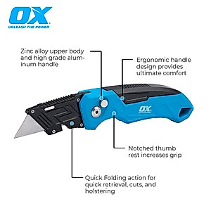 OX Tools Pro Heavy Duty Fixed Blade Folding Knife w/Easy Change Blade Button - Quick Fold Action & Strong Lightweight Construction | Includes 3 Replacement Blades