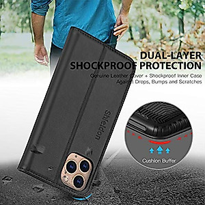 SHIELDON iPhone 11 Pro Max Case, Genuine Leather Auto Sleep Wake Wallet Case Flip Magnetic Cover RFID Blocking Card Slots Kickstand Shockproof Case Compatible with iPhone 11 Pro Max (6.5-inch) - Black