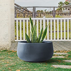 Kante 15.7" Dia Round Concrete Planter, Outdoor Indoor Garden Plant Pots with Drainage Hole and Rubber Plug, Modern Curvaceous Design, Charcoal