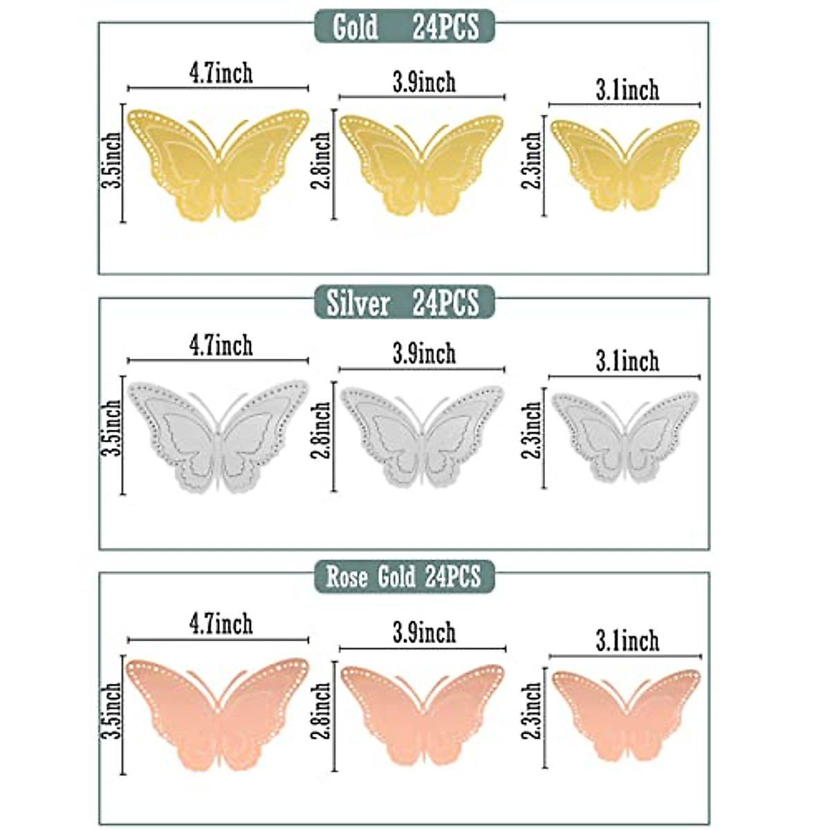HUSGA Butterfly Wall Decor, 3 Sizes Butterfly Cake Decorations, Three-dimensional hollow design Hanging butterfly for Garden Themed Tea Party Graduation Wedding Baby Shower. (Gold)