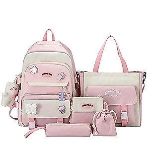 Aobiono 5Pcs Kawaii Backpack Set Aesthetic Preppy Cute School Supplies Kit with Pins Bear Pendant Light Academia Pastel Soft Cottagecore Japanese (Pink)