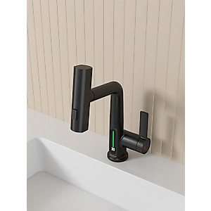 Weirun Bathroom Single Handle Basin Sink Pull Out Faucet with Rainfall Spray Head Temperature Digital Display Vanity Mixer Tap Matte Black
