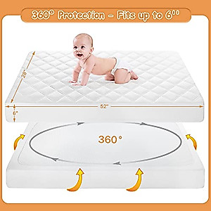 Yoofoss Waterproof Crib Mattress Protector, Quilted Fitted Crib Mattress Pad, Ultra Soft Breathable Toddler Mattress Protector Baby Crib Mattress Cover (52''x28'')