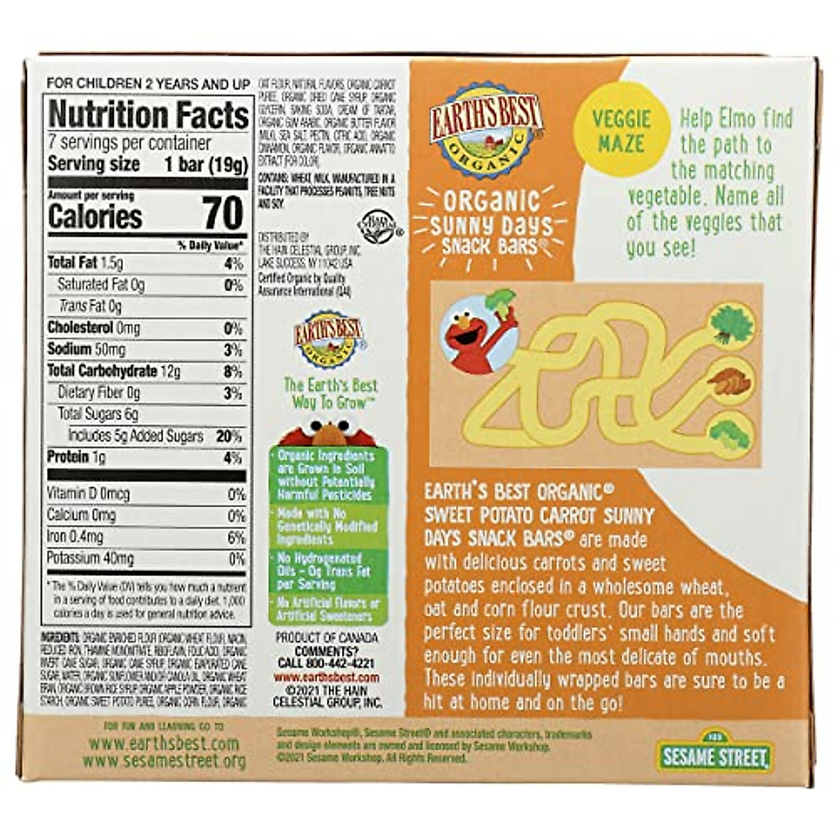 EARTHS BEST Organic Swt Pto Crrt Snny Day Bars, 0.67 Ounce (Pack of 7)