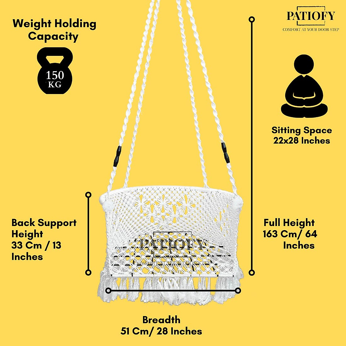 Swing/ Swing for Balcony/ Swing for Adults/ Swing Chair for Adults for Home/ Premium C Shape Swing with Macrame Floral Design/ Hanging Jhula for Adults/ Zula/ Red Cushion & Hanging Kit Included-White