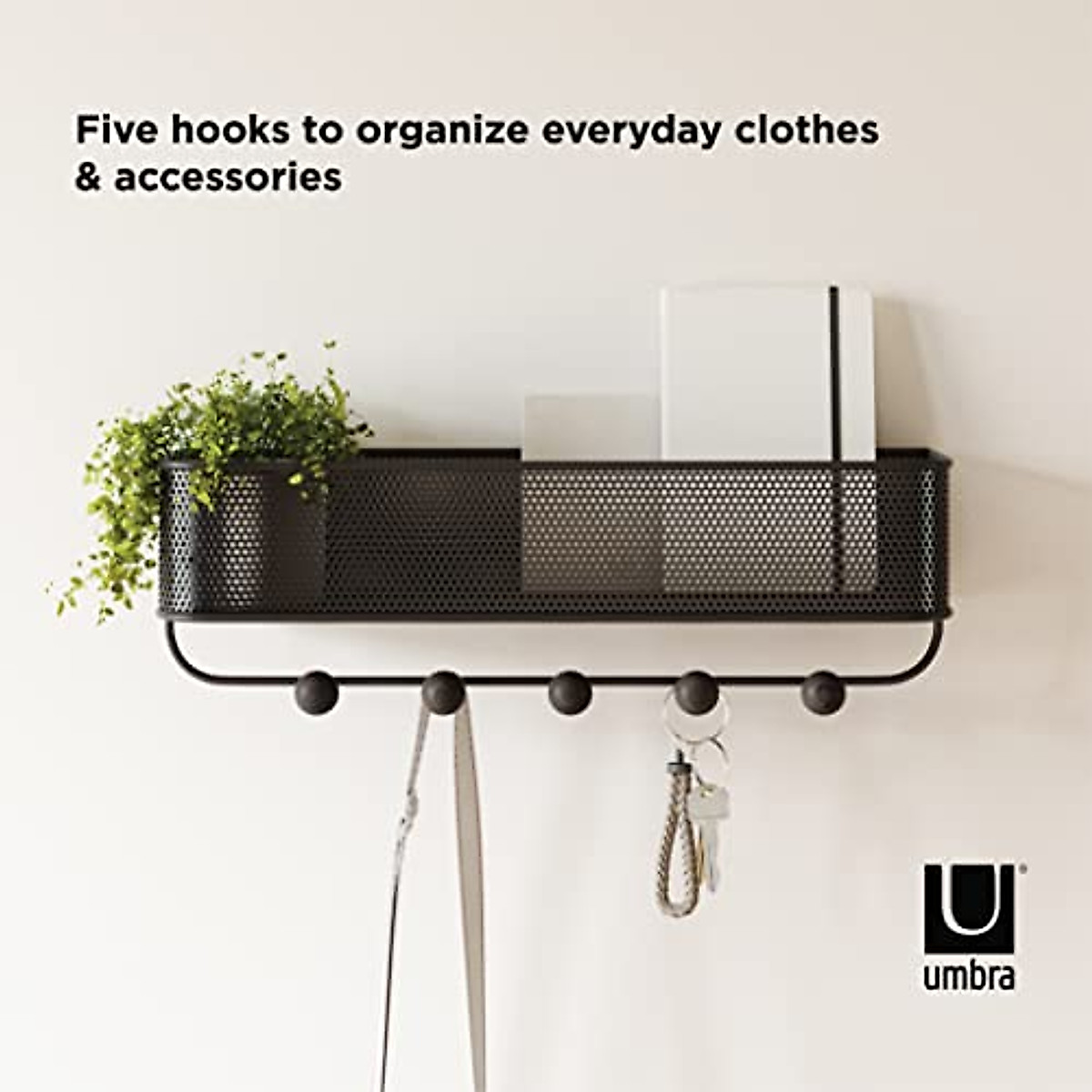 Umbra Estique Wall Organizer and Storage with Hooks, Black/Walnut