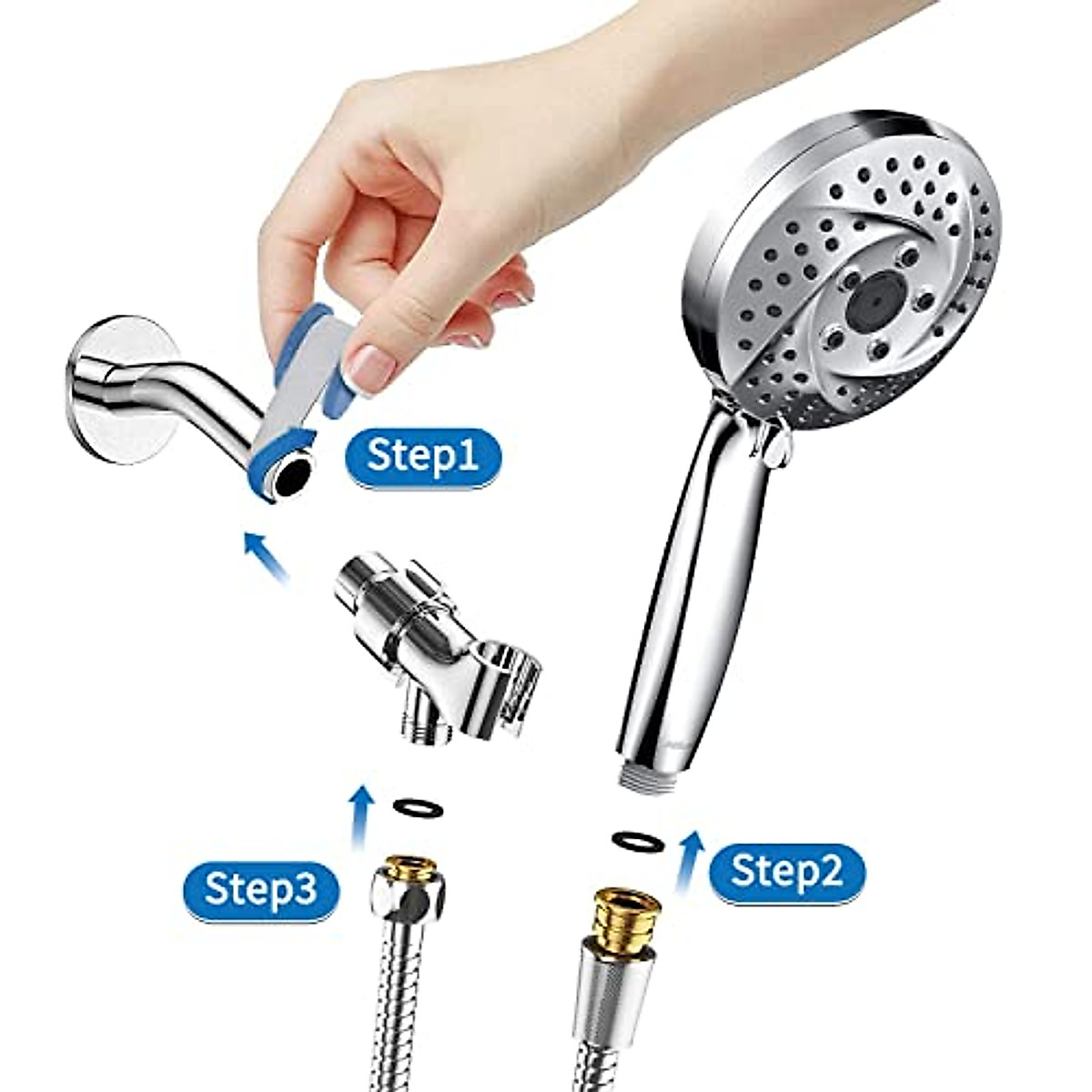 Atthomie Modern Shower Head with 6 Spray Settings, Anti-Clog Detachable & Removable, 60 Inch Stainless Steel Hose, Adjustable Brass Joint, Tool-Free Installation