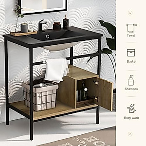 QuixotYDDZ 30" Freestanding Bathroom Vanity with Single Resin Sink, Bathroom Storage Cabinet and Sink Combo, Bathroom Cabinet with Door and Open Shelf for Apartment Dorm, Metal Frame, Black