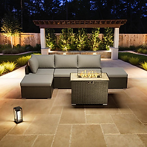 Dineli Patio Furniture Set Sofa Outdoor Furniture Set Sectional Couch Fire Pit Table Balcony Furniture Patio Table and Chairs Set with Propane Fire Pit (Light Gray, 6 pcs/firepit Table)