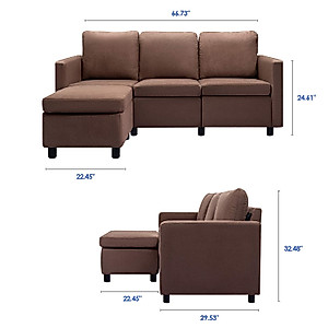 Flamaker Convertible Sectional Sofa L-Shaped Couch 3-seat Modern Fabric Reversible Sofa Couch for Living Room (Brown)