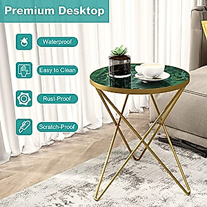 Modern Round Side Table, End Table with Marble Effect Top and Gold Metal Frame, Small Side Table for Living Room, Bedroom, Sofa and Couch, Gold Legs, Green Marble top