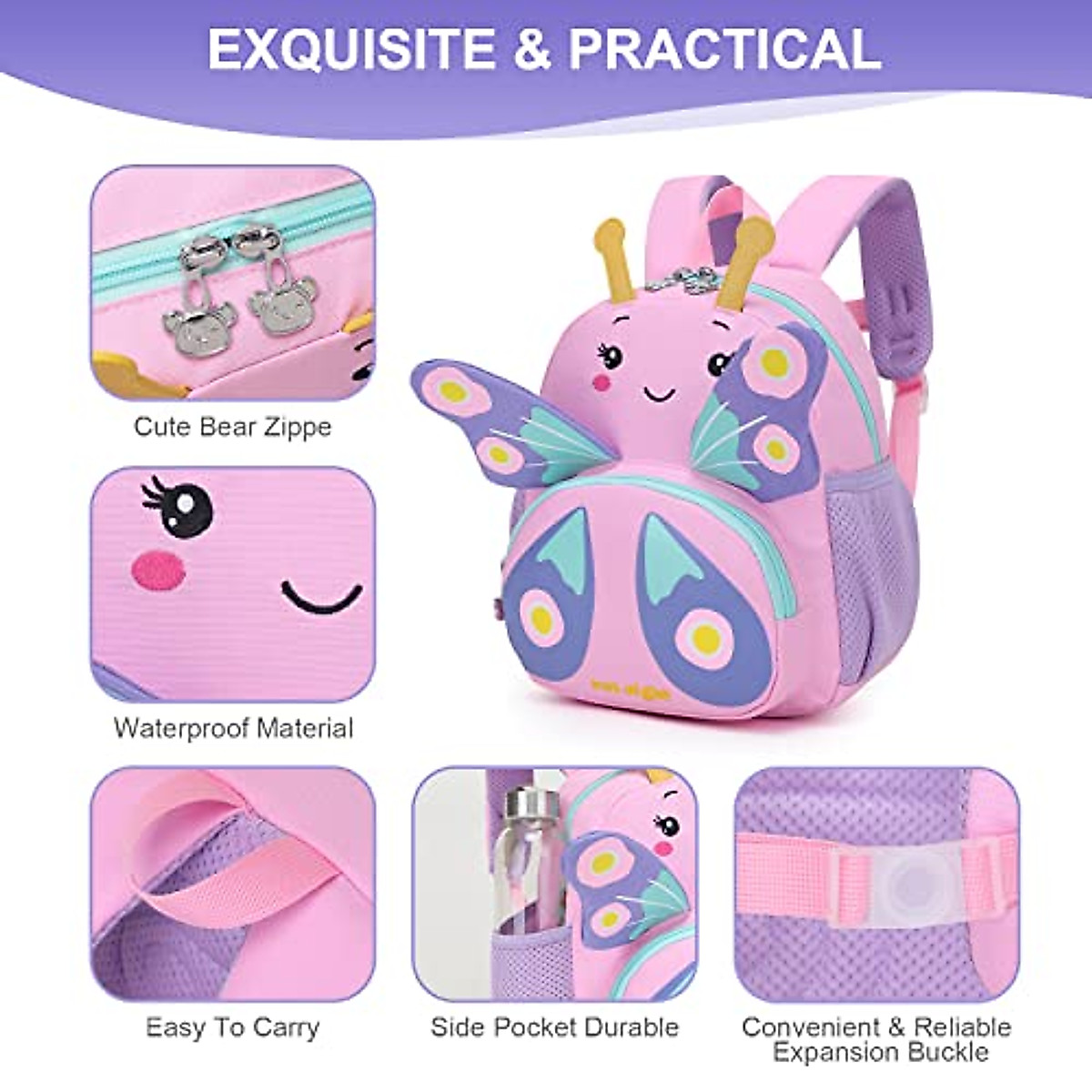 Mini Toddler Backpack for Girls Kids Backpack for Perschool with Chest Strap 3D Cartoon Butterfly Kindergarten Schoolbag for Little Girl Boy Ages(2-5)…