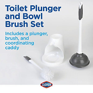 Clorox Toilet Plunger and Bowl Brush Combo Set with Caddy, White/Gray
