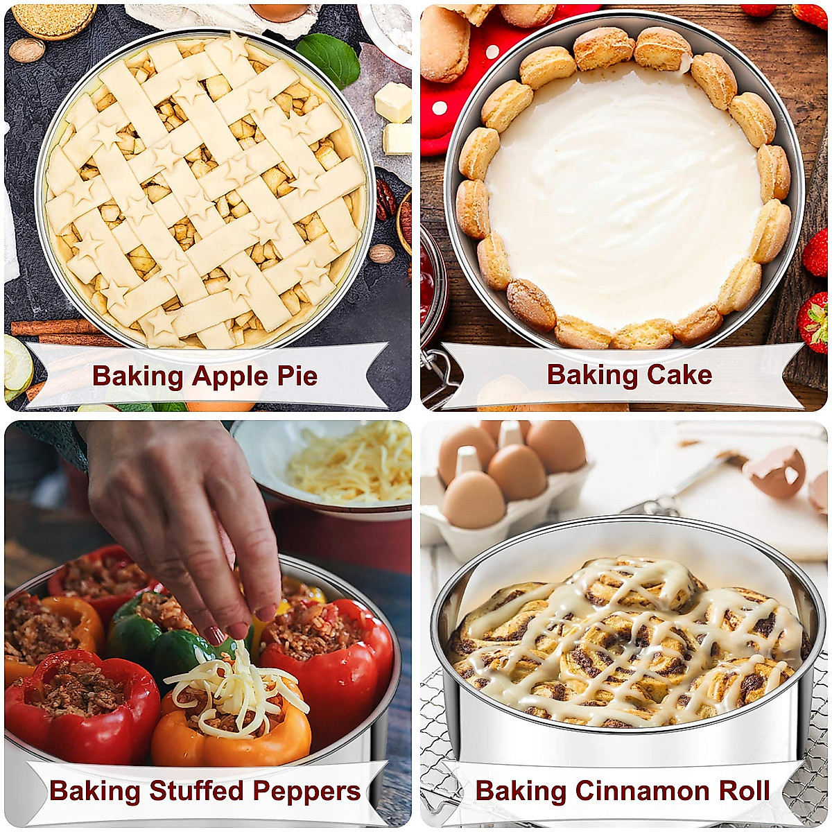 TeamFar Cake Pan, 2 Pcs 8x3 Inch Round Cake Pan, Stainless Steel Deep Layer Cake Pans with 60 Pcs Parchment Papers, 3 Pcs Cake Smoother Scrapers & Silicone Spatula & Mitts, Healthy & Practical