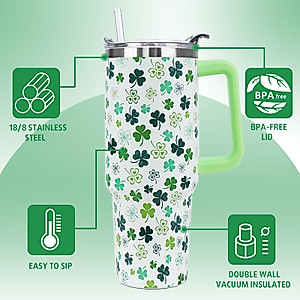Nqhsionv St Patricks Day Tumbler with Handle 40 oz Green Lucky Shamrock Coffee Travel Mug Stainless Steel Insulated Cup Irish Saint Patricks Decor Gifts