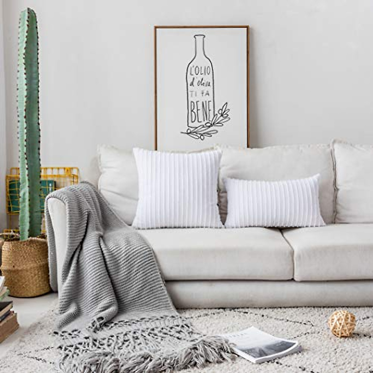 UGASA Velvet Pillow Covers Striped, Decorative Throw Cushion Case with Hidden Zipper for Home Couch/Bedroom/Car, Soft Cozy Solid Oblong, 1 Piece (12"x20", Pure White)