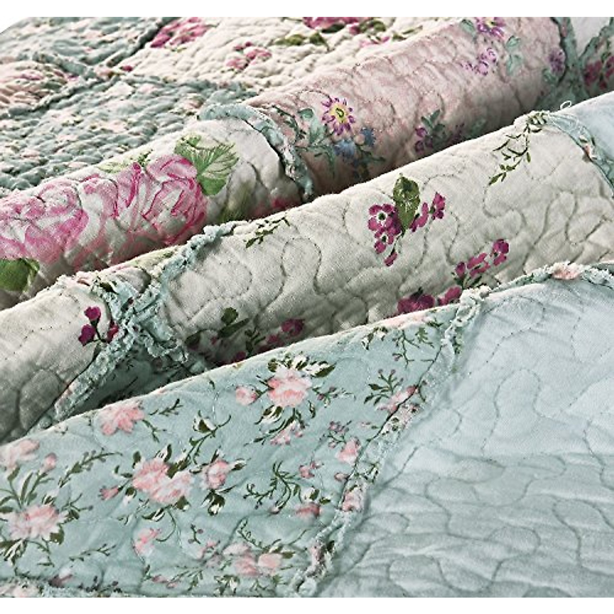 Chezmoi Collection Abbi 1-Piece Garden Floral Shabby Chic Throw Pre-Washed Cotton Ruffle Trim Patchwork Throw Blanket