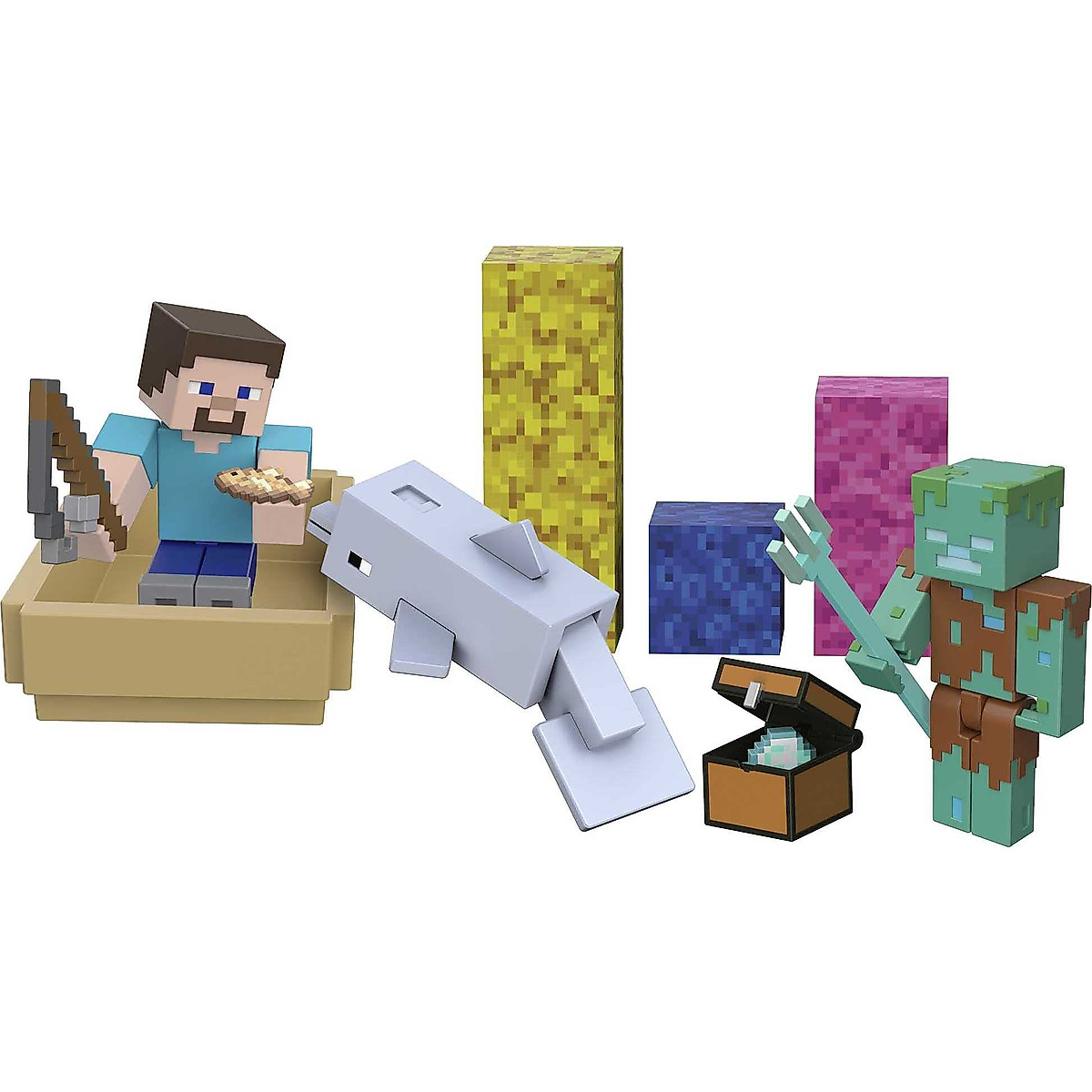 Mattel Minecraft Treasure Hunt Adventure Pack Figures, Accessories and Papercraft Blocks, Complete Play in a Box, Toy for Kids Ages 6 Years and Older