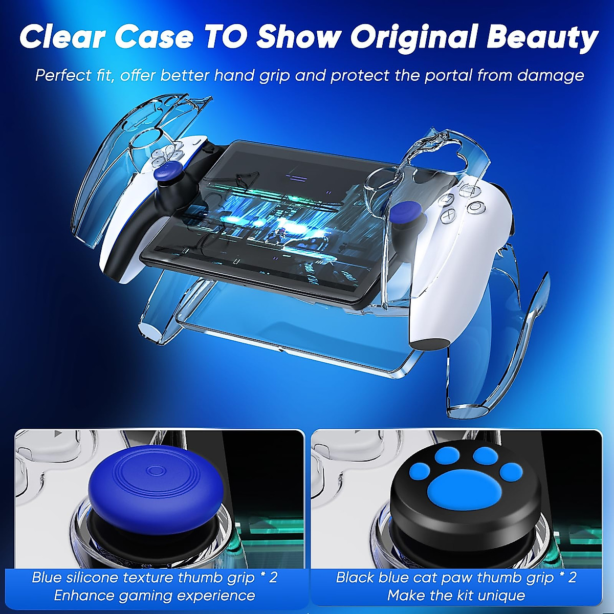 Auarte 12 in 1 Accessories Set for PlayStation Portal Remote Player, Hard Carrying Case for PS Portal with Clear Skin Case for PS5 Portal, 2 Screen Protector with 4 Thumb Grip, Indigo Blue