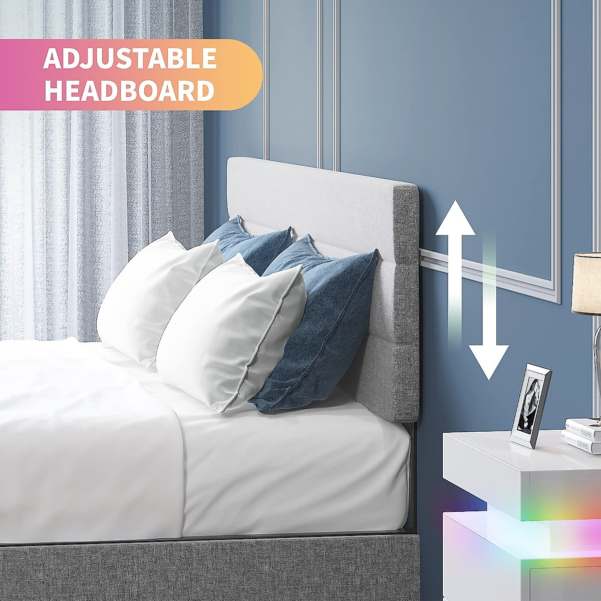 Mixoy Cal King Bed Frame with 2 Storage Drawers. Upholstered Platform Bed with Cotton Linen headboard,Wood Slat Support,Footboard with Drawer.No Box Spring Needed/Easy Assembly(Cal King,Light Grey)