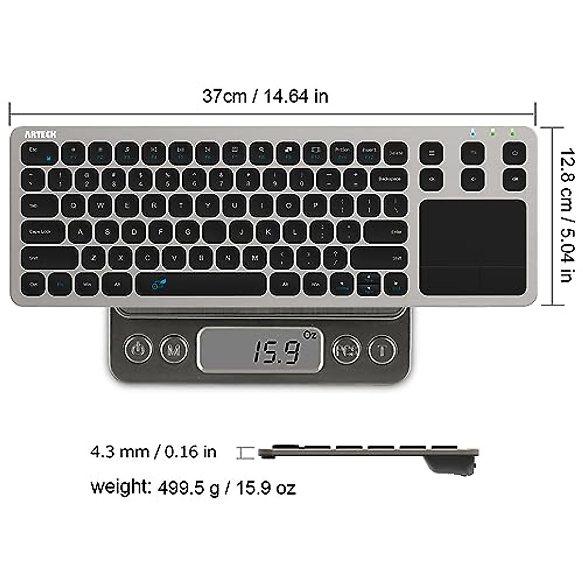 Arteck 2.4G Wireless Touch TV Keyboard with Easy Media Control and Built-In Touchpad Mouse Solid Stainless Ultra Compact Full Size Keyboard -Connected Computer, Smart TV, HTPC