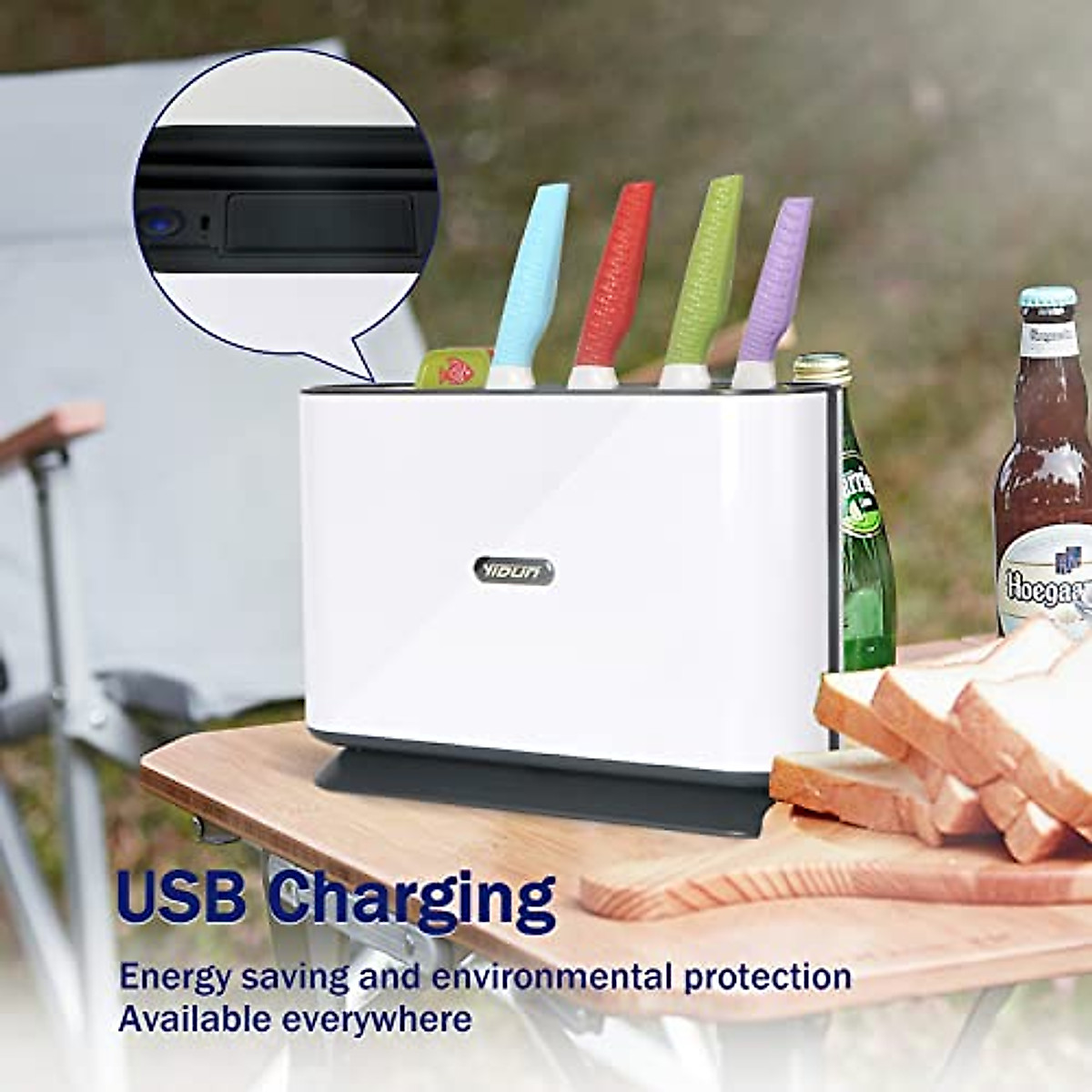 Smart Cutting Board and Knife Set with Stand, Knife Block Holder, Self Cleaning Chopping Board for Kitchen/Outdoor Camping, 4 Knives, 2 Color Chopping Boards, USB/Solar Charging, Portable and Clean