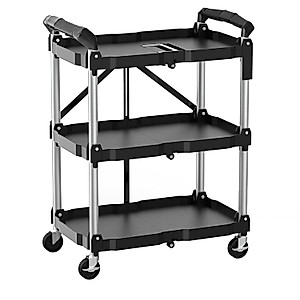 HIMIX Foldable Utility Carts with Wheels, 3-Tier Holds 240lbs Folding Rolling Cart with Fixed Rope, Collapsible Service Cart for Home, Office, Garage, and Warehouse - No Assembly Required