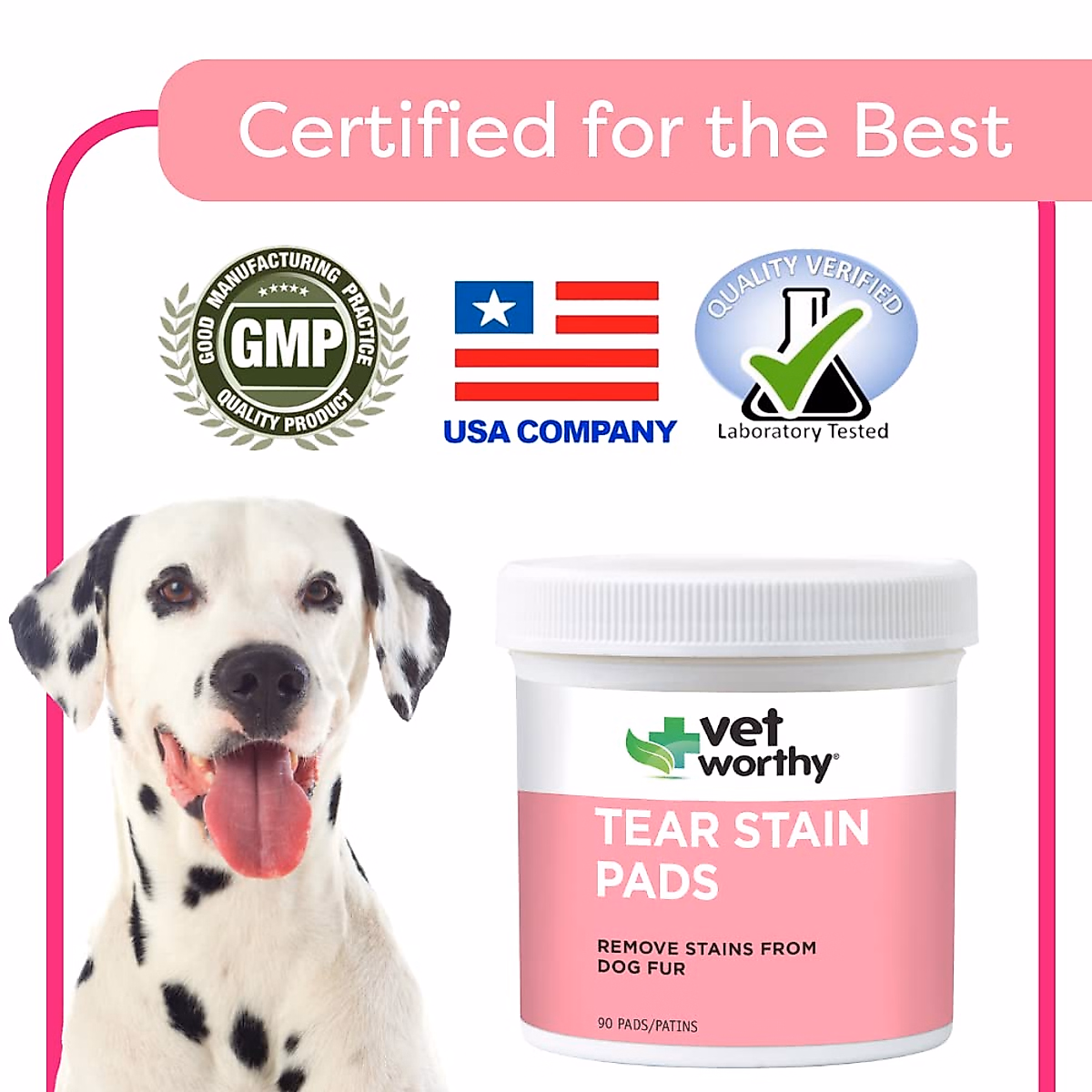 Vet Worthy Tear Stain Pads for Dogs - Solution Soaked Pads - Remove Stains from Dogs Fur - Gentle and Safe - 90 Pads.