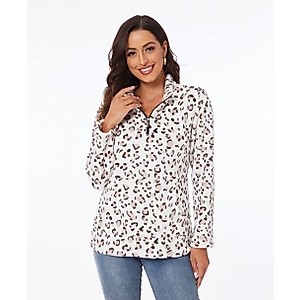 P&A Fashion Women's Long Sleeve Leopard Print Sweatshirt V Neck Quarter Zip Fleece Pullover Tops (XX-Large, White 1)