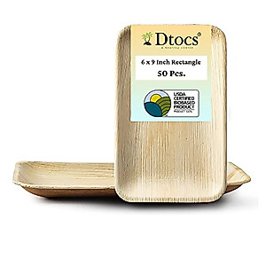 Dtocs Palm Leaf Plates 6x9 Inch Rectangle Tray (Pack 50) | Bamboo Plate Like Biodegradable Compostable Plate, Disposable Charcuterie Board, Mini Cheese Board | Sturdy Than Heavy Duty Paper Plates