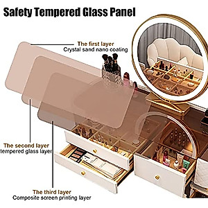 OLOTU Nordic Vanity Desk with Glass Tabletop, Makeup Vanity with Ergonomic Chair, Dressing Table with Lights Mirror and Drawers