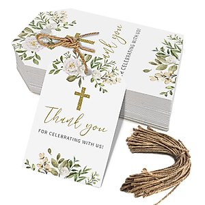 Baptism Thank You Tags, 50 Pcs Cross Design Thank You for Celebrating with Us Paper Tags for Newborn Baby Shower Birthday (White)