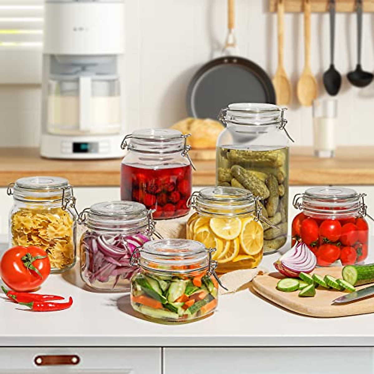 ComSaf 78oz/25oz Airtight Glass Canisters with Lids Set of 9, Square Food Storage Jar Container with Clamp Lids for Kitchen Canning Cereal Coffee Pasta Sugar Beans Spice, Clear Mason Jars