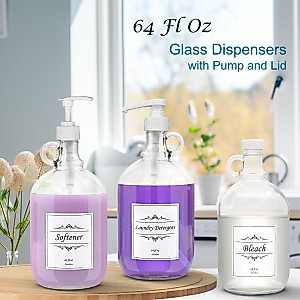 2 Pack Laundry Detergent Dispenser with Pump and Lid, 64 Oz Glass Bottles for Laundry Room Organization and Storage, Fabric Softener Dispenser for Washer