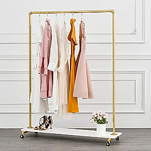 BOSURU Modern Rolling Clothing Rack on Wheels Industrial Pipe Clothes Rack with Wood Shelf Heavy Duty Metal Garment Rack for Laundry Room, Retail Store Gold 47" L