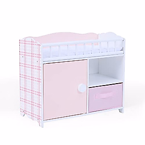 Olivia's Little World Polka Dot Princess Wooden Baby Doll Crib with Under-The-Crib Storage Featuring a Cabinet with Door and Two Cubbies, Pink and White