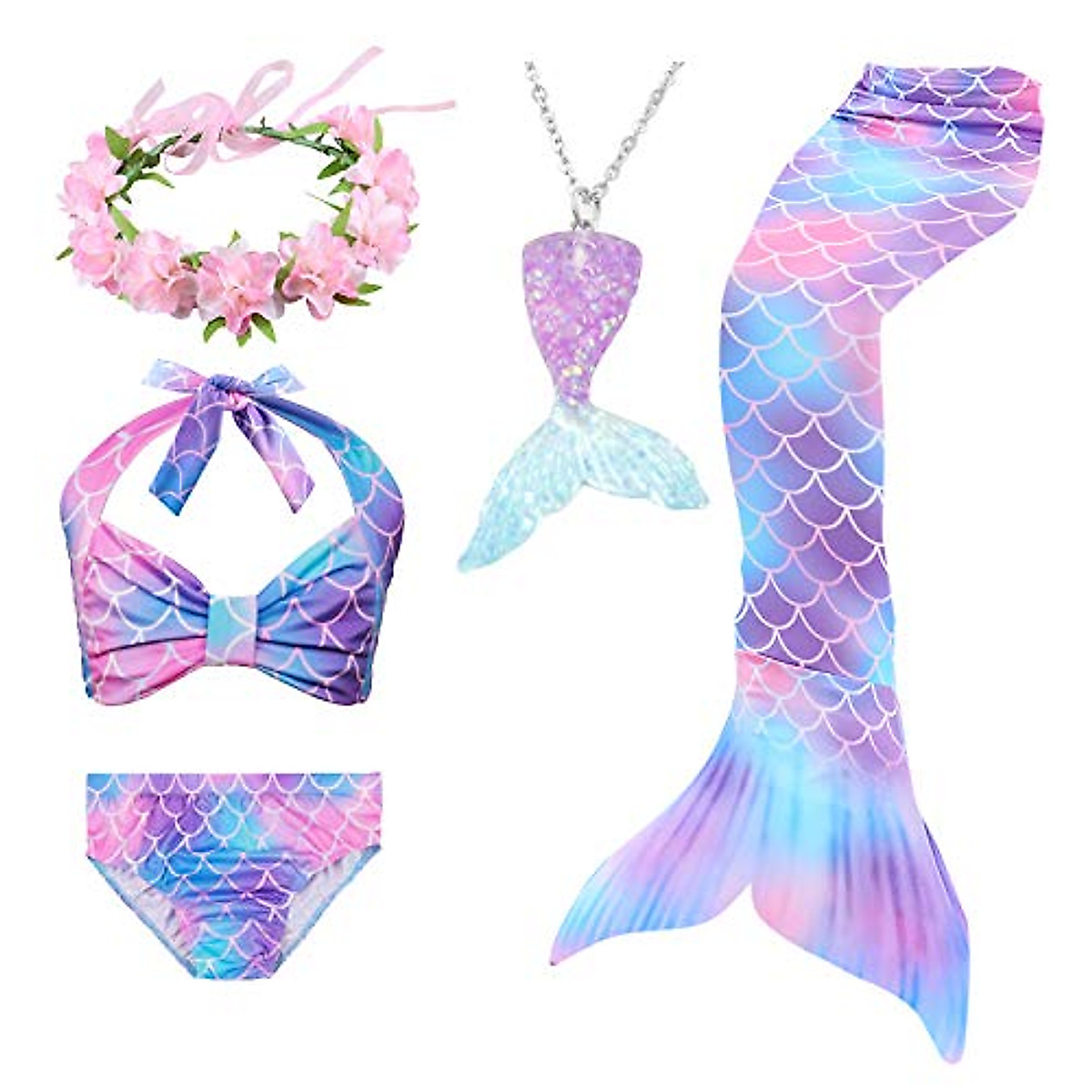 5Pcs Girls Swimsuit Mermaid Tails for Swimming Kids Bikini Costume Sets with Flower Headband (No Monofin) (DH48-P,7-8 Years)