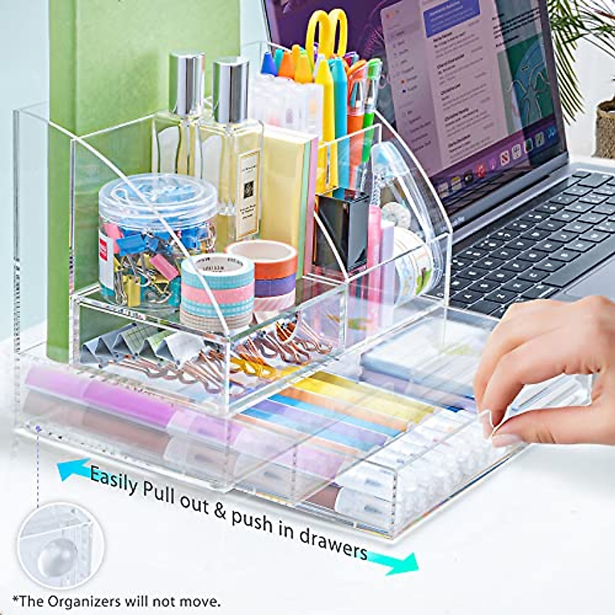ARCOBIS Acrylic Desk Organizer with 2 Drawers, Clear Office Desktop Accessories Stationery Pen Organizer for Desk, Features 5 Compartments + 2 Sliding Drawer
