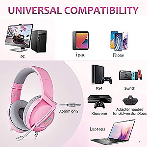 Pink game headset CM6000, suitable for PC, PS4, PS5, Xbox One, Nintendo Switch, PS4 headset with crystal noise reduction microphone and LED light, 7.1 stereo surround sound game headset