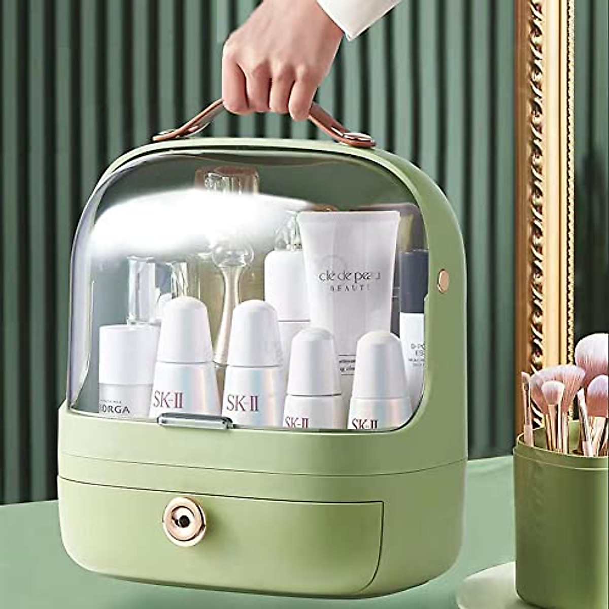 MIUOPUR Large Makeup Organizer with Brush Holder, Cosmetic Display Case with Drawer, Waterproof and Dustproof Transparent Cover, Portable Handle, Suitable for Bathroom and Bedroom -Green