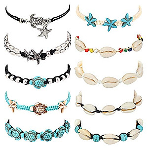 LOYALLOOK 10PCS Shell Turtle Ankle Bracelets Handmade Boho Anklet Jewelry Adjustable Natural Cowrie Shell Beach Bead Anklet for Women
