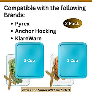 Klareware 3 cup Rectangle Plastic Food Storage Replacement Lids Covers for Klareware and Pyrex 7210-PC Glass Bowls (Container not Included) (2 Pack - Turquoise)