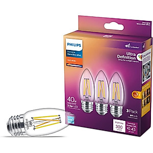 PHILIPS LED Flicker-Free Clear Dimmable B11 Light Bulb - EyeComfort Technology - 500 Lumen - Soft White (2700K) - 5W=60W - E26 Base - Title 20 Certified - Ultra Definition - Indoor - 3-Pack