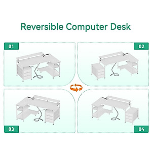 AODK L Shaped Gaming Desk with Drawers, Reversible Corner Computer Desk with LED Lights & Power Outlets, Large Home Office Desk withMonitor Stand & Storage Shelf, 58Inch - 71Inch, White