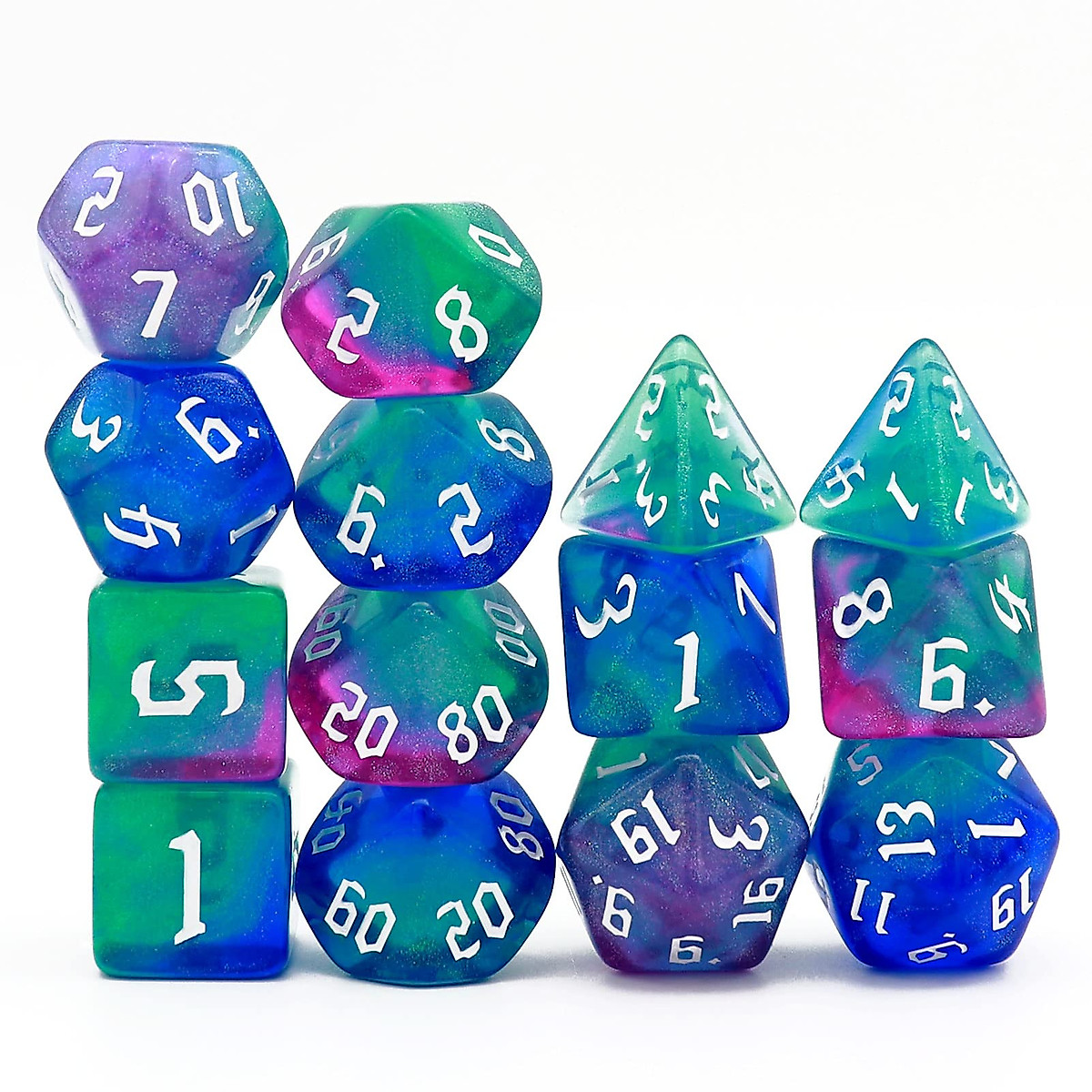 Haxtec 14PCS Glitter DND Dice Set Purple Blue Polyhedral RPG Dice for Dungeons and Dragons Gift