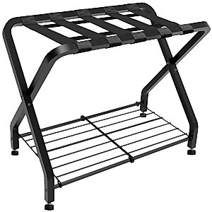 Whoonba Folding Luggage Rack with 2-tiers Storage Shelf, Foldable Steel Frame Luggage Organizers for Suitcase, Metal Luggage Holder for Guest room, Bedroom, Hotel, Closet, Black, 1pack