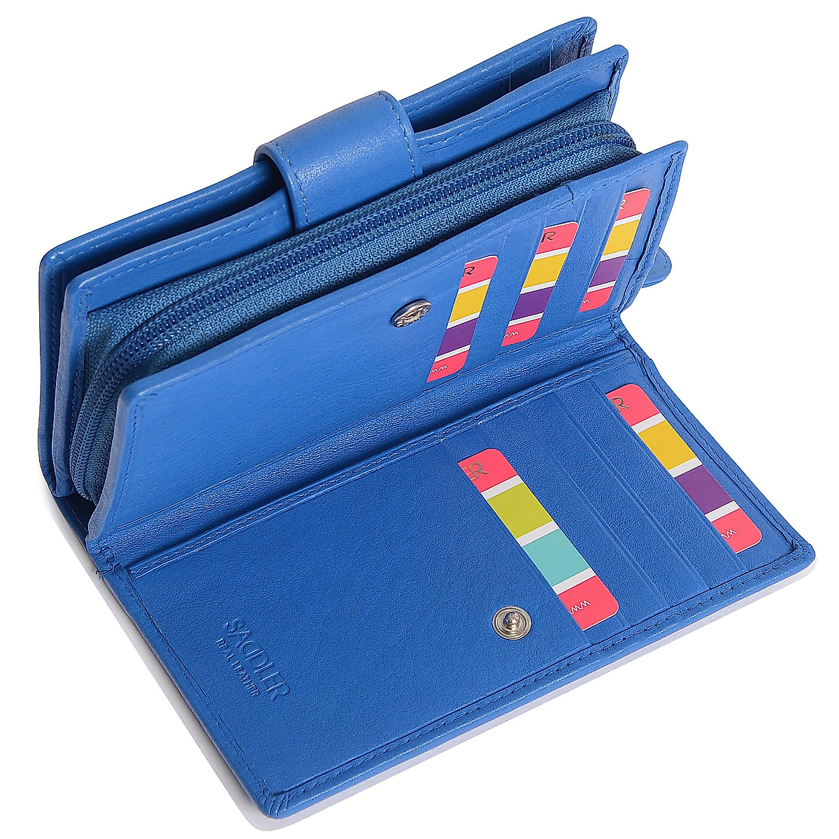 SADDLER Womens Luxurious RFID Protected Leather Large Bifold Purse Wallet with Centre Zipper Coin Purse | Ladies Designer Clutch Perfect for ID Coins Notes Debit Travel Cards | Gift Boxed - Blue